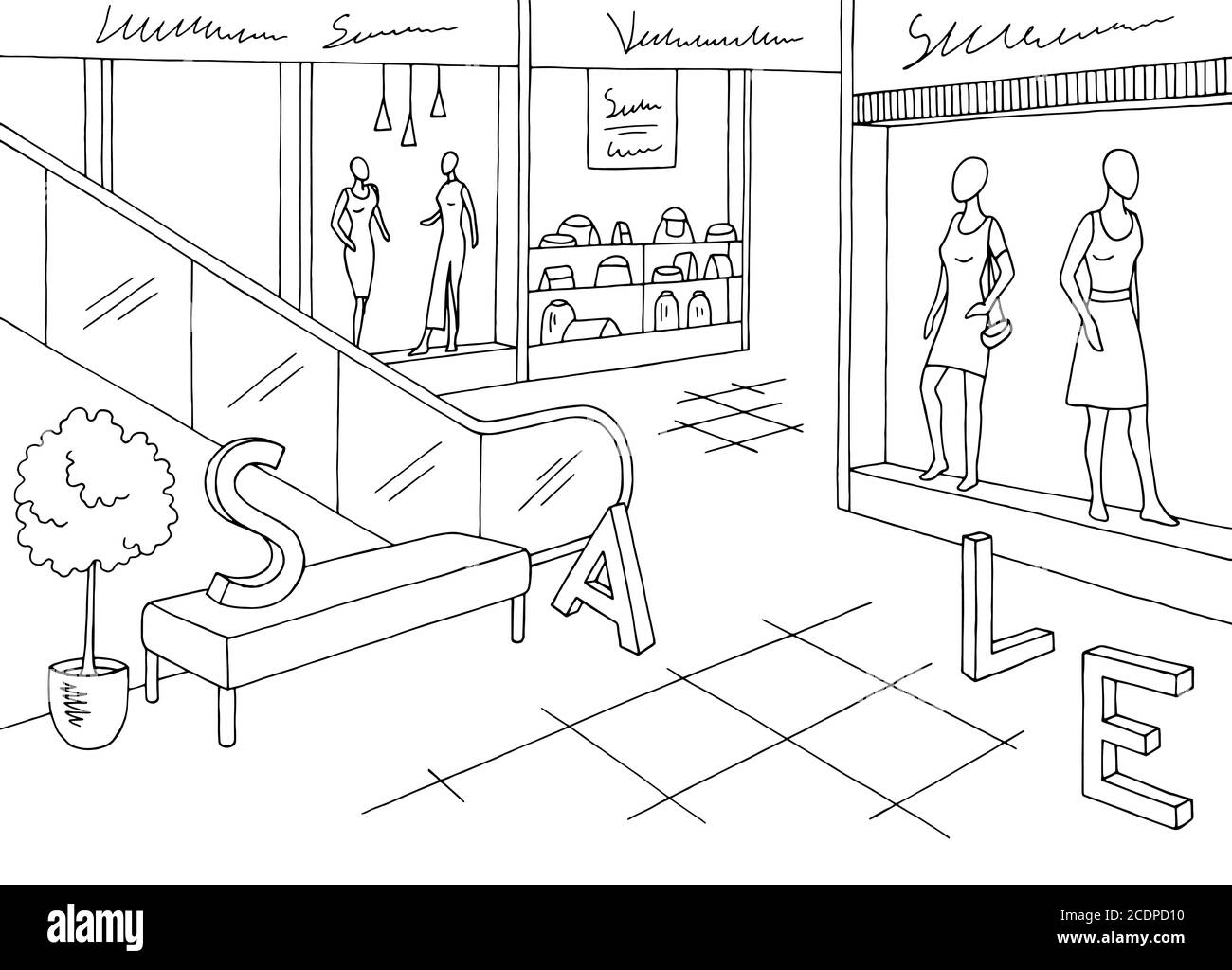Shopping mall graphic black white interior sketch illustration vector ...