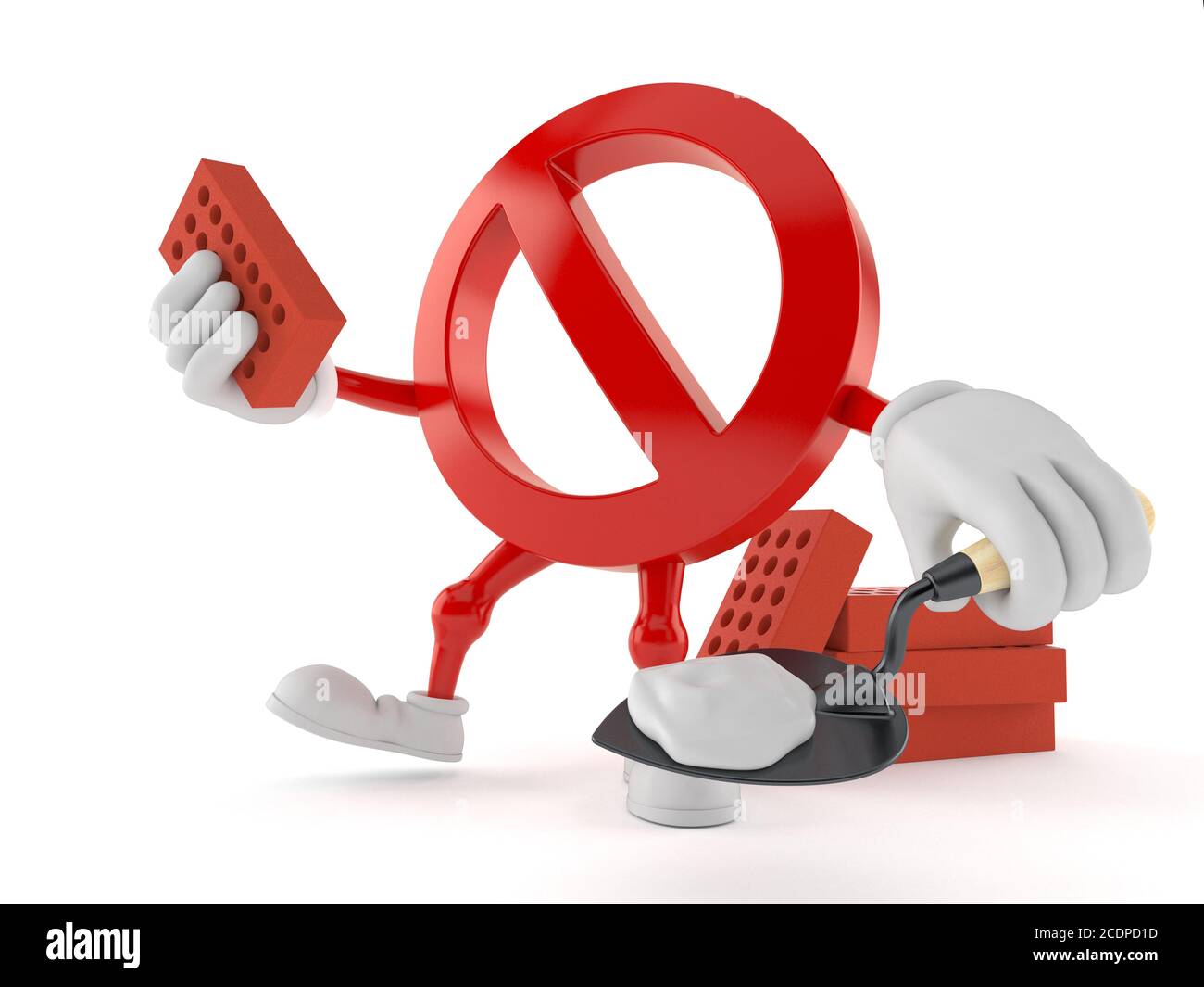 Forbidden character with trowel and brick isolated on white background ...