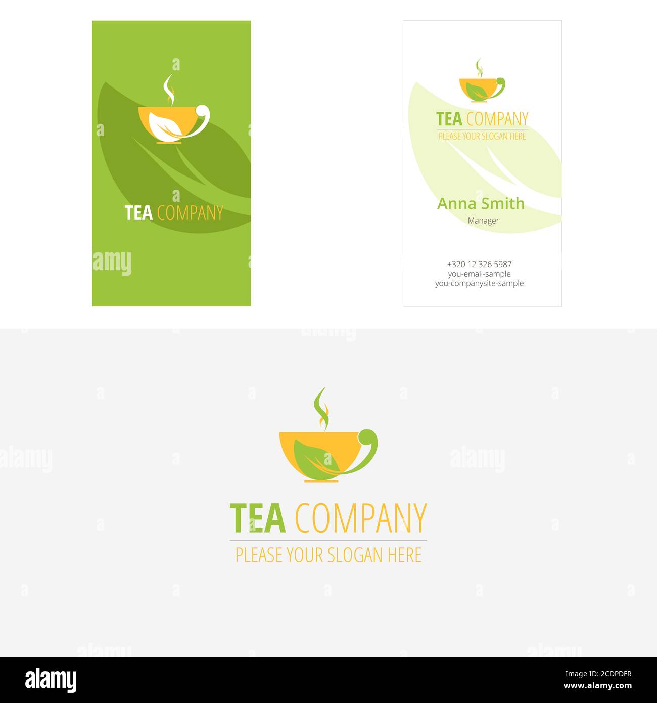 Tea company logo consists of stylized cups and green leaves and ...