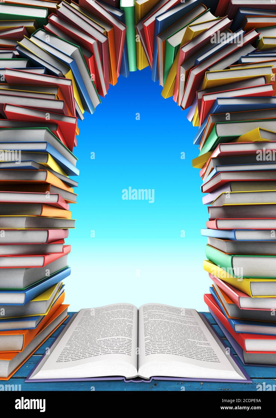 a large arch of colorful books opens the way to success and development ...