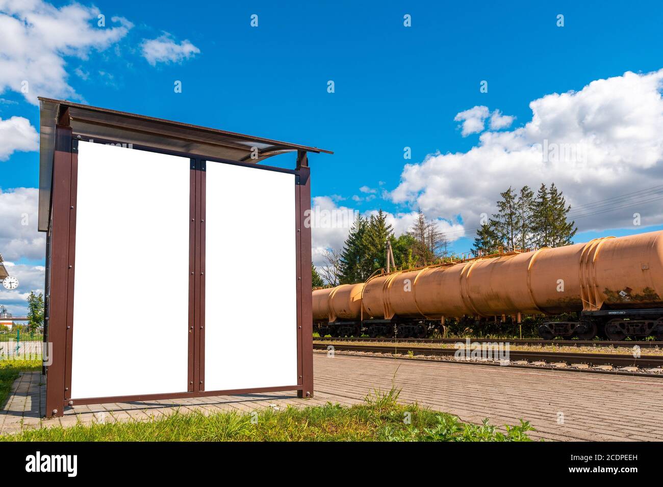 Mock up Blank board Train station Platform with cargo transportation ...