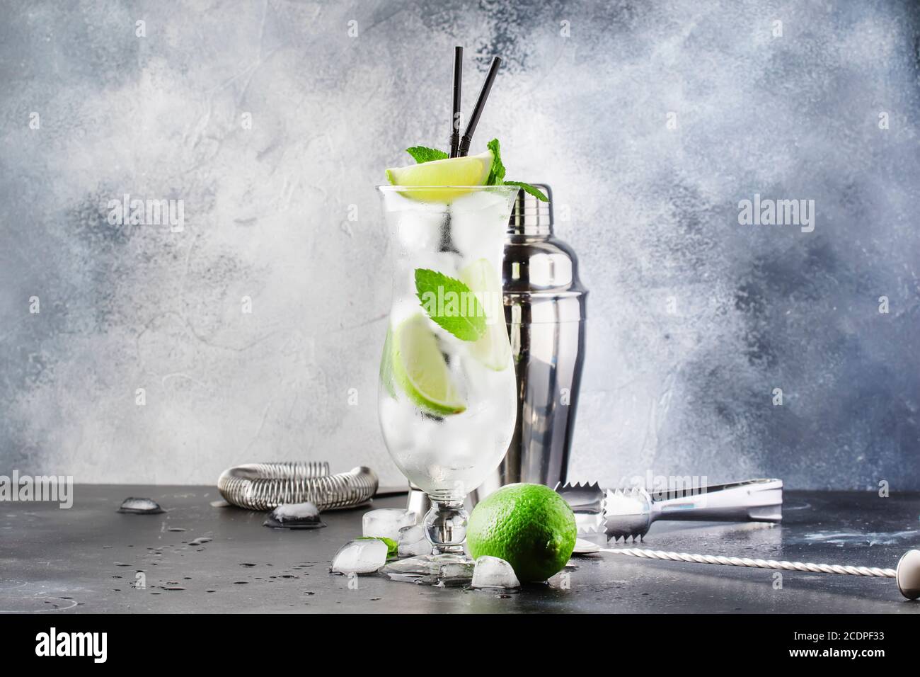 Brazilian caipirinha or mojito alcoholic cocktail with freash lime ...