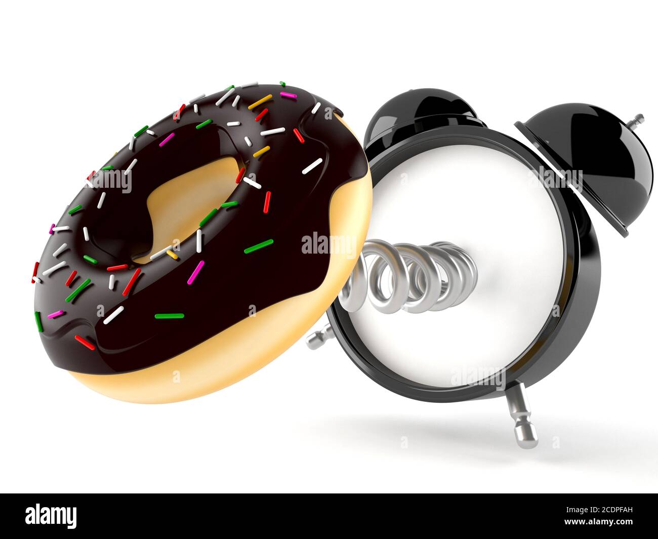 Alarm clock with donut isolated on white background Stock Photo - Alamy