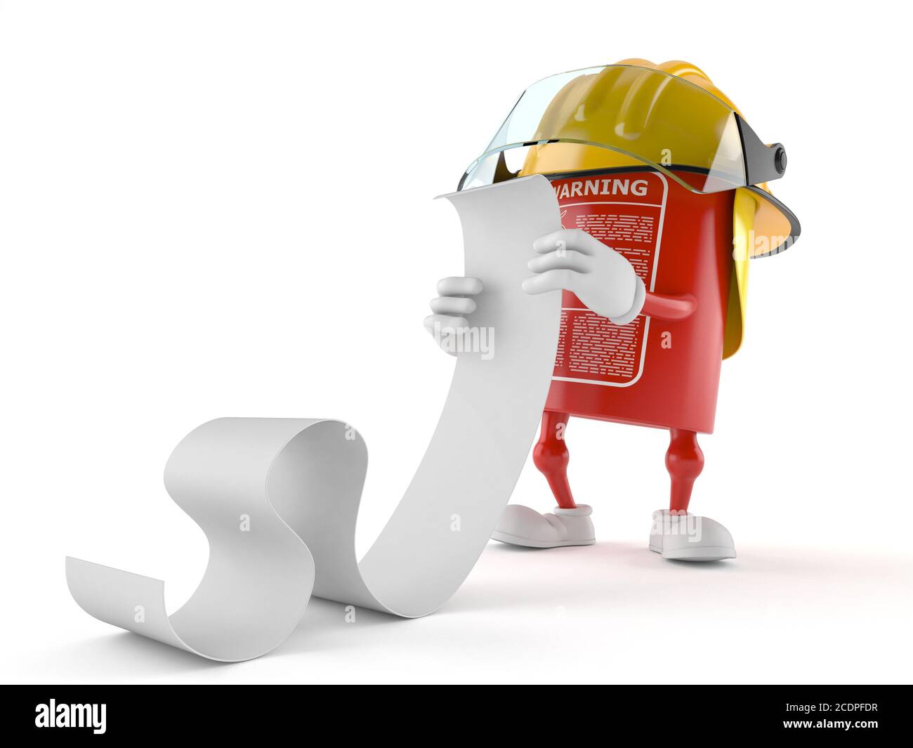 Fire extinguisher character reading long list on white background Stock ...
