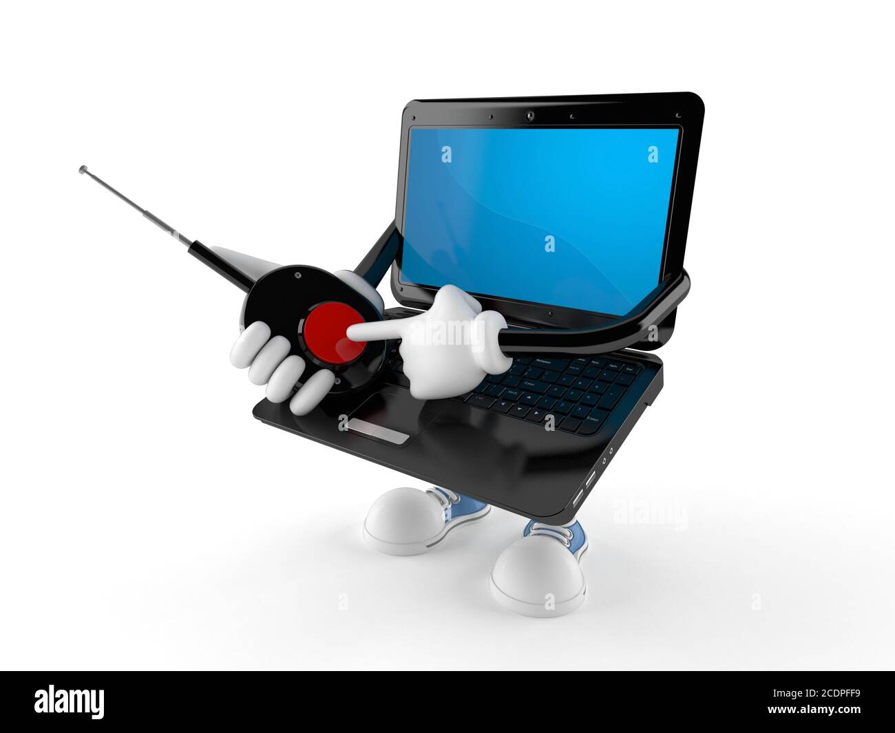 Laptop character pushing button isolated on white background Stock ...
