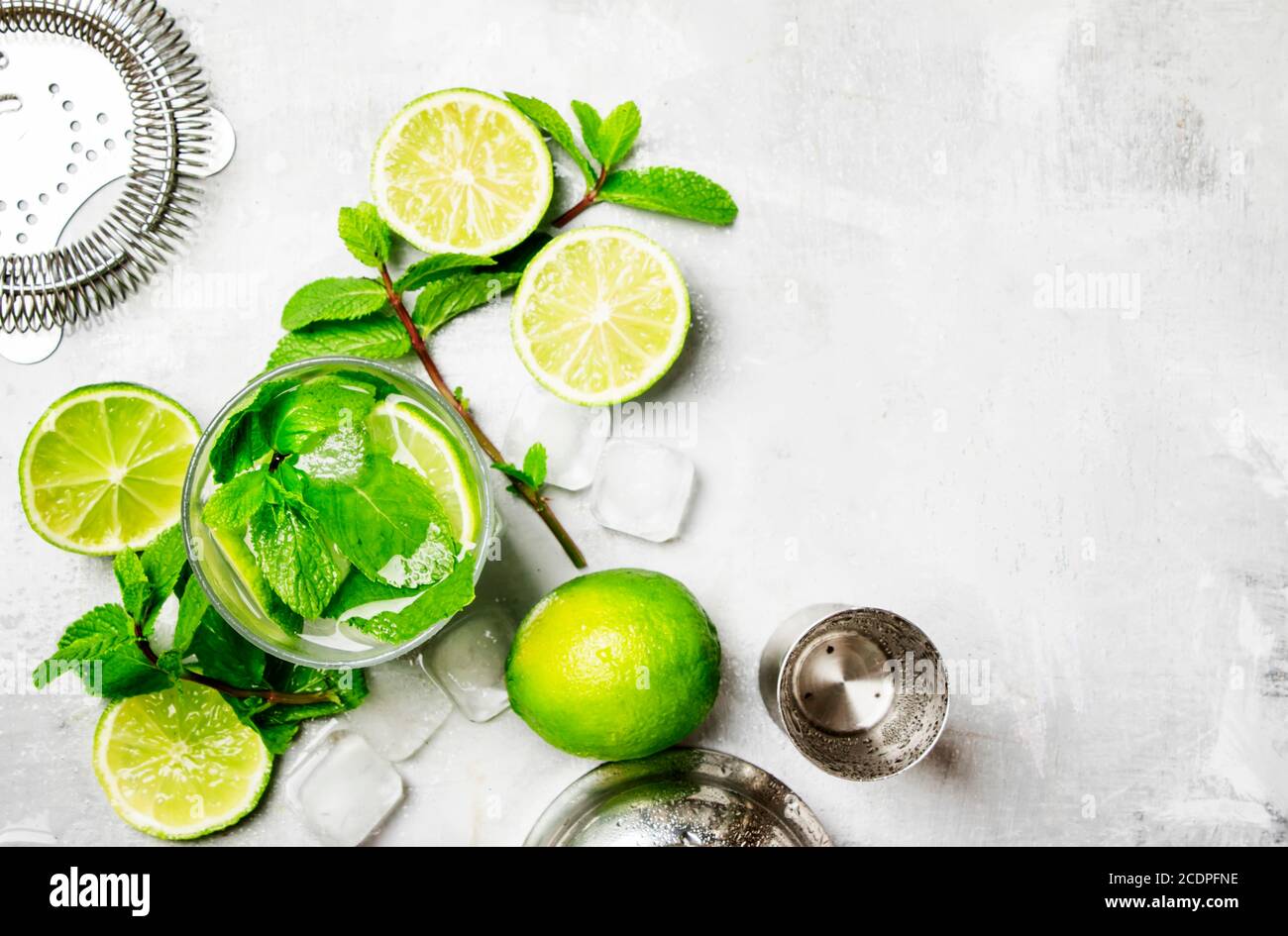 Ingredients for making alcoholic cocktail and bar tools, gray ...