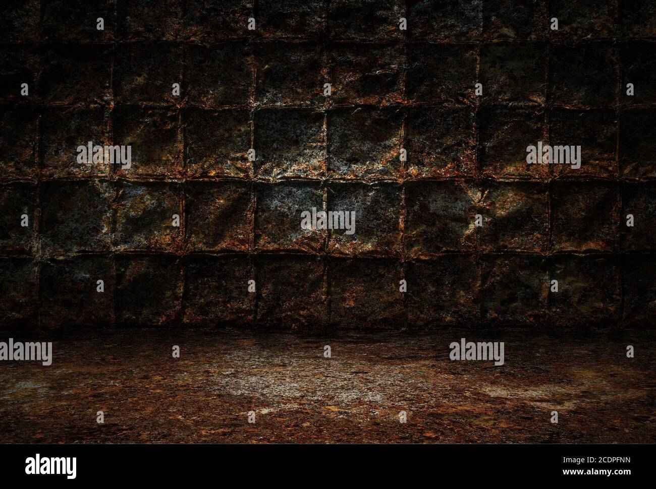 Industrial grunge background, dark room with walls of rusty metal ...