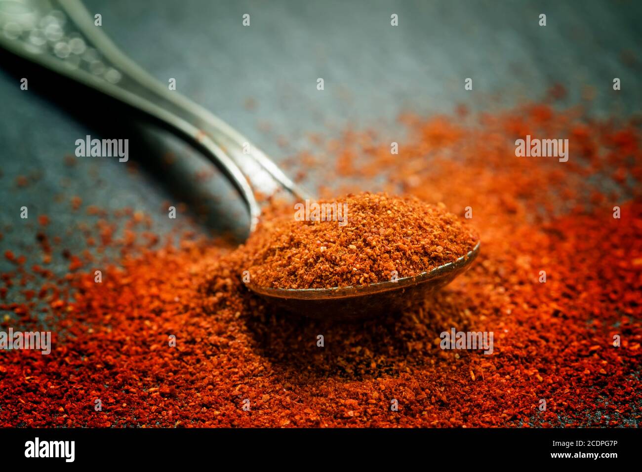 Ground sweet red paprika in a spoon on a dark background, selective ...