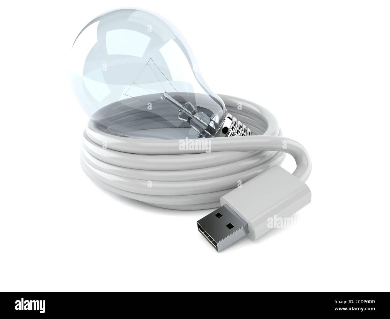 Reel of USB cable with light bulb isolated on white background Stock ...