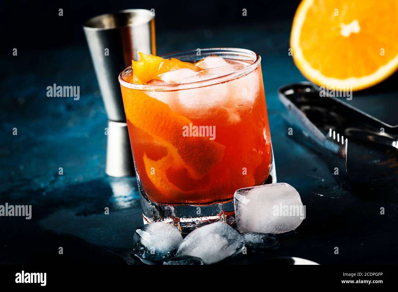 Garibaldi alcoholic cocktail with red bitter, orange juice, zest and ...