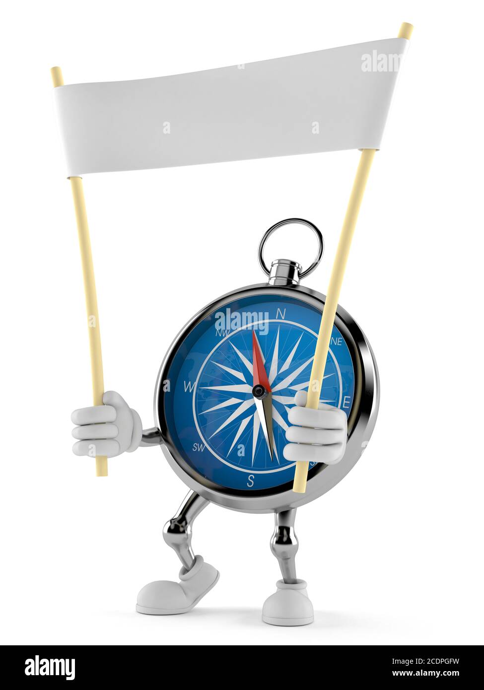 Compass character holding blank banner isolated on white background ...