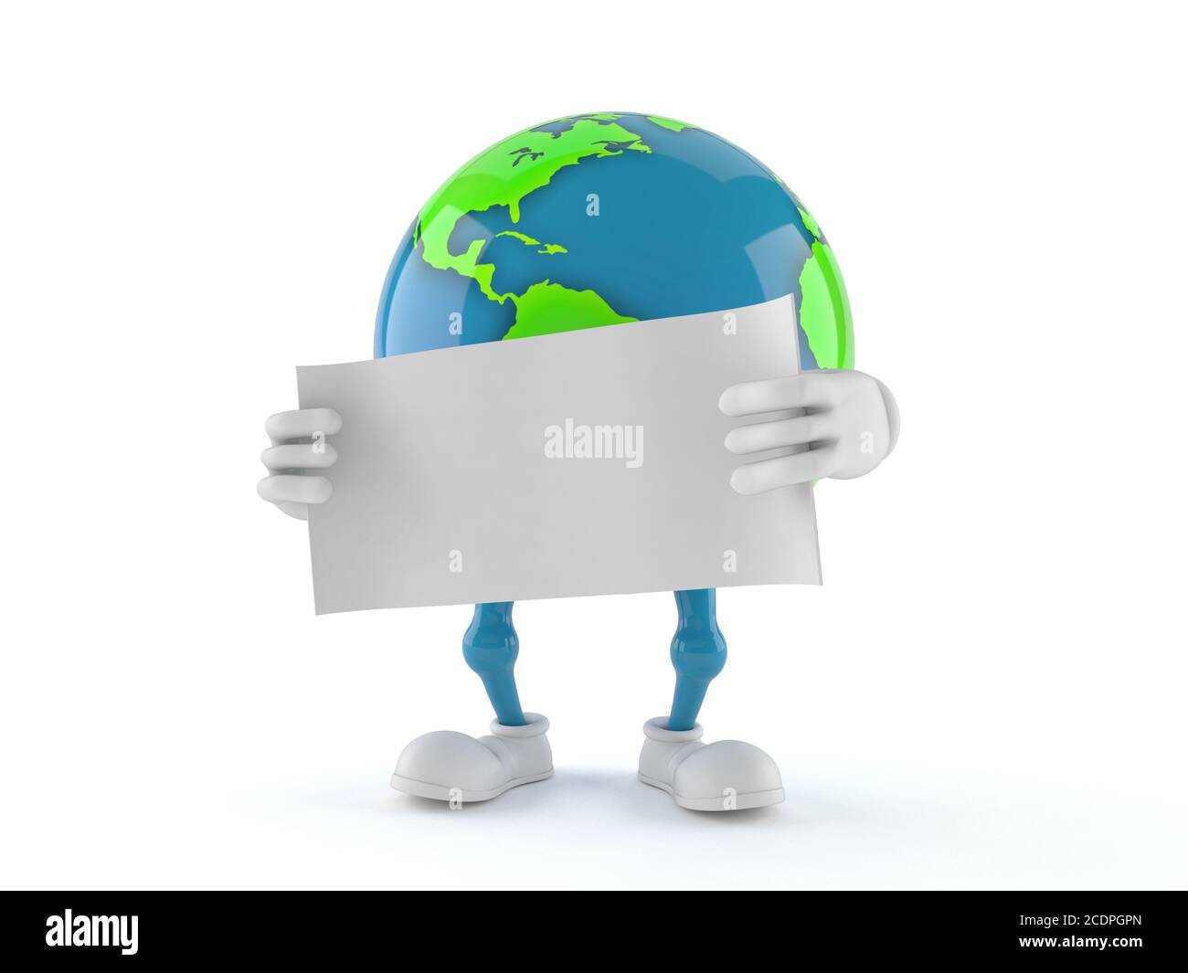 World globe character holding blank sheet of paper isolated on white ...