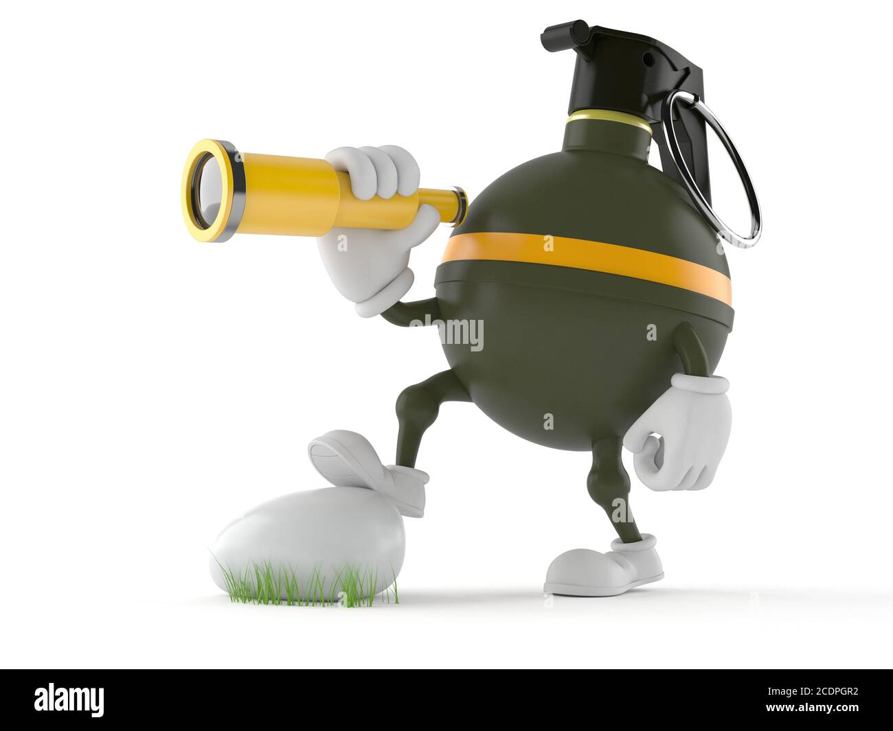 Hand grenade character looking through a telescope isolated on white ...