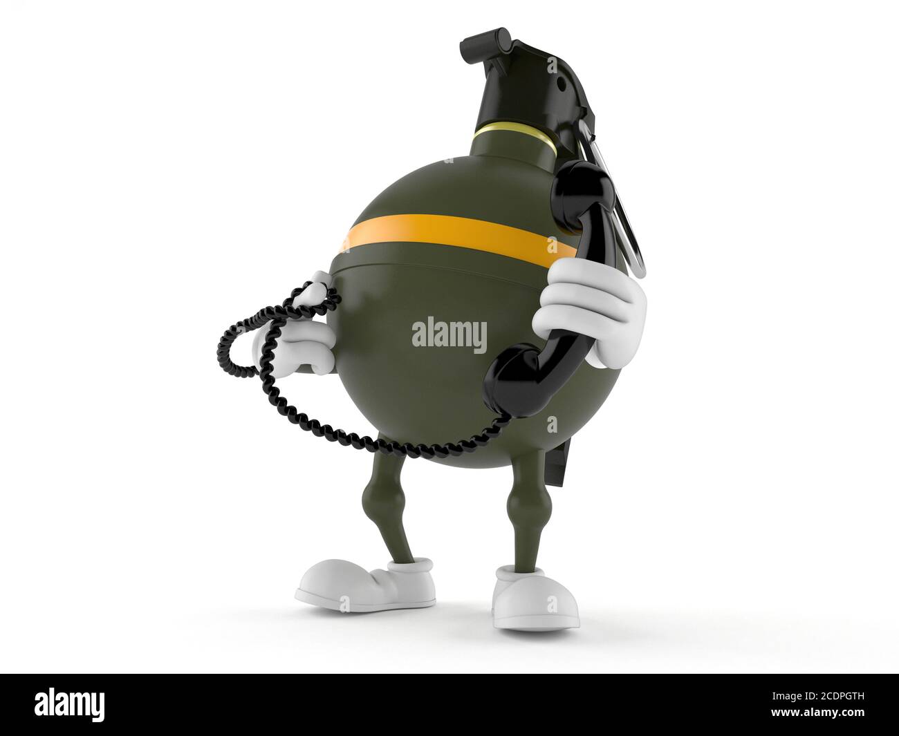 Hand grenade character holding a telephone handset isolated on white ...