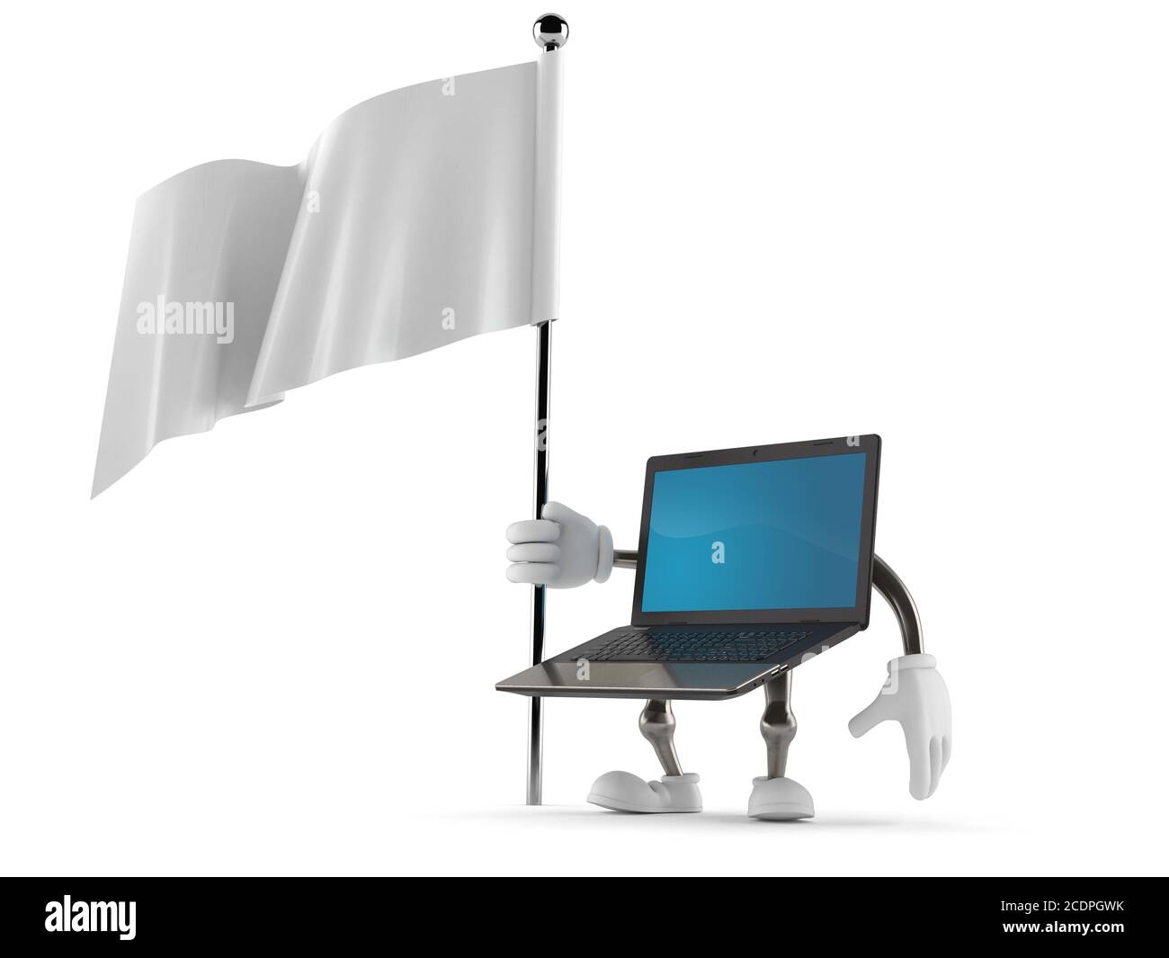 Laptop character holding white flag isolated on white background Stock ...