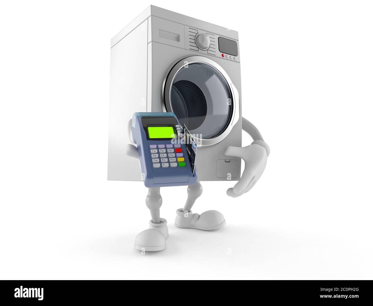 Washer character holding credit card reader isolated on white ...