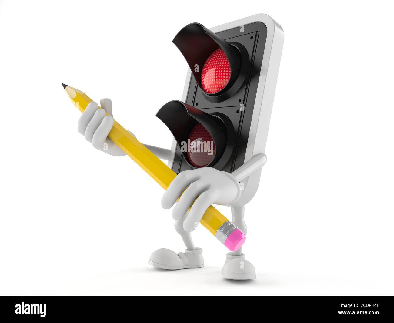 Red traffic light character holding pencil isolated on white background ...