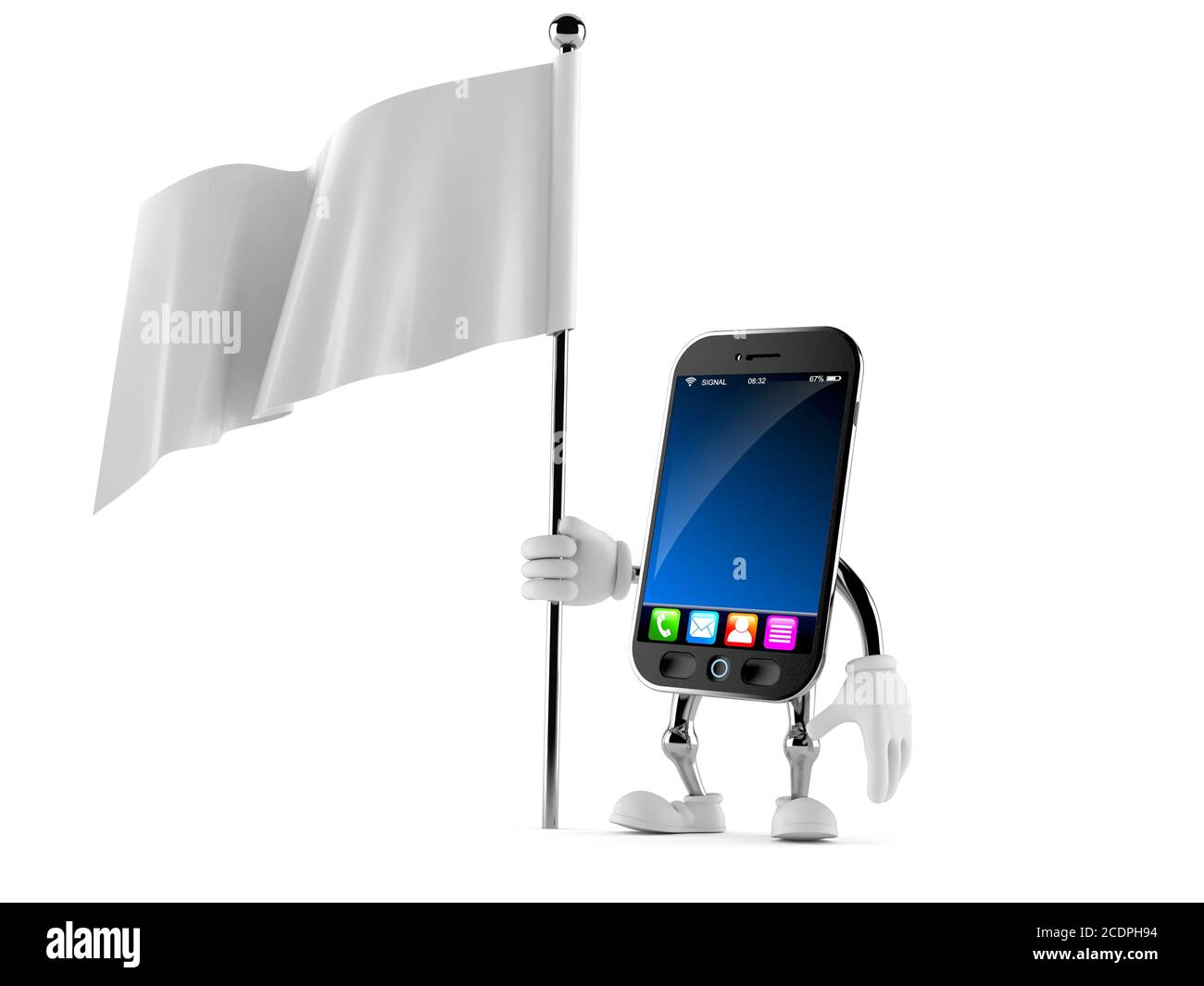 Smart phone character holding white flag isolated on white background ...