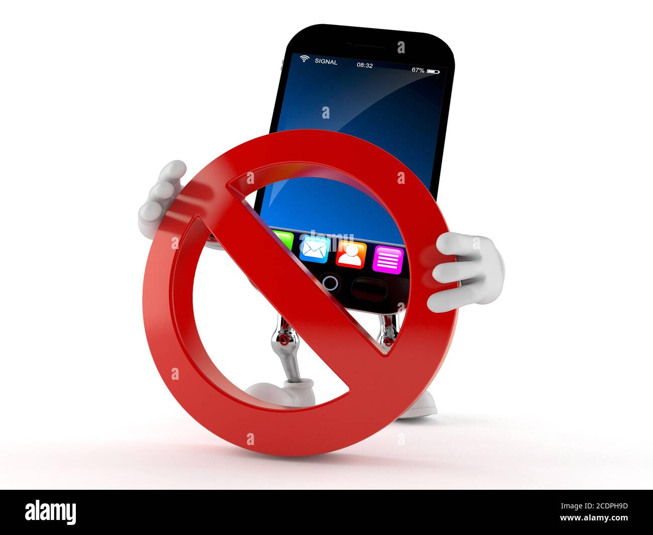 Smart phone character with forbidden sign isolated on white background ...