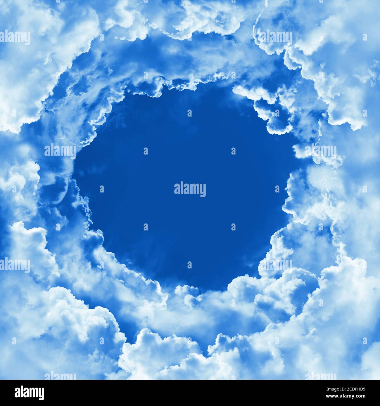 Sky with beautiful light clouds. Cloudy border, round frame, template ...