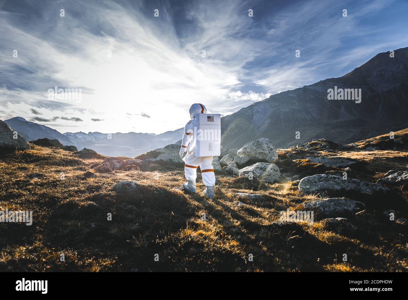 Astronaut exploring a new planet. Searching for a new home for humanity ...