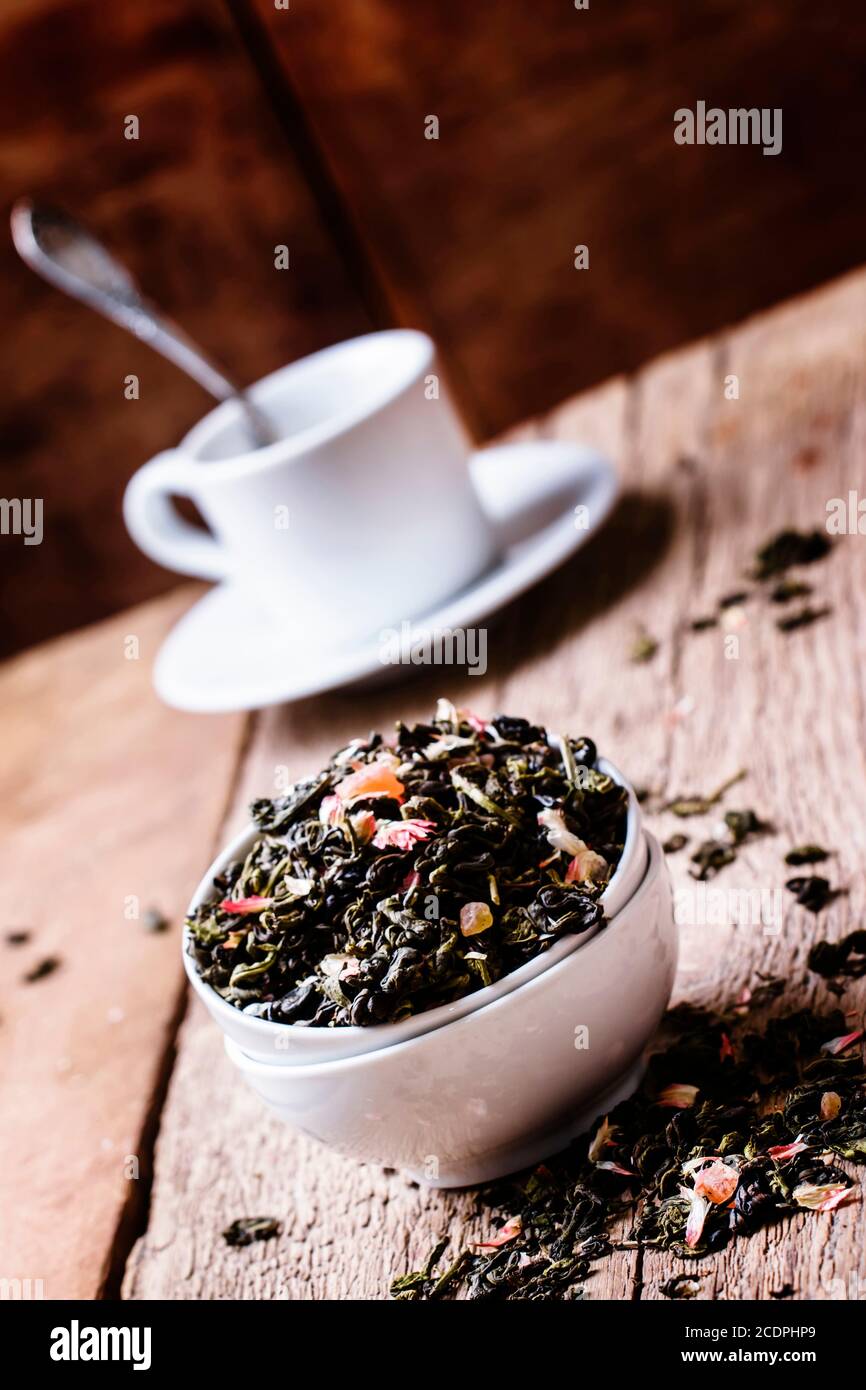 Ceylon green tea with petals of cherry blossom and dried fruits ...