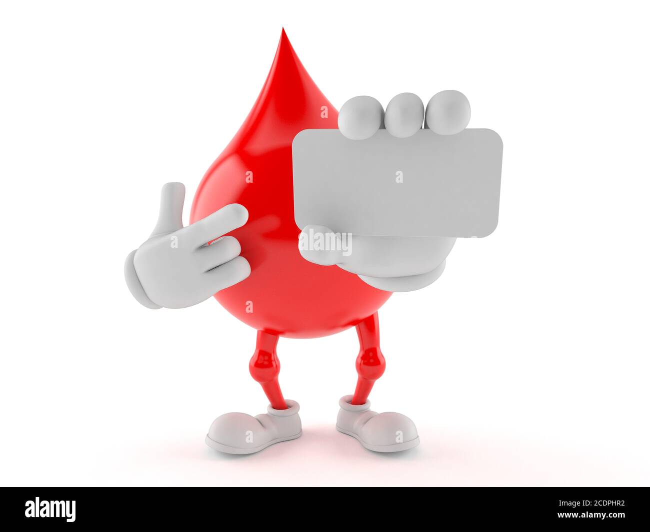 Blood drop character holding blank business card isolated on white ...