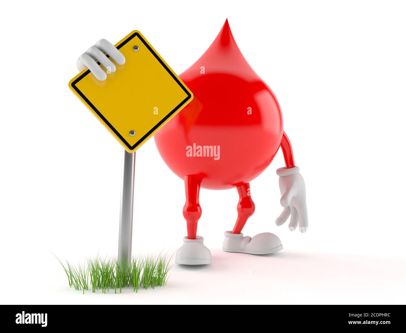 Blood drop character with blank road sign isolated on white background ...