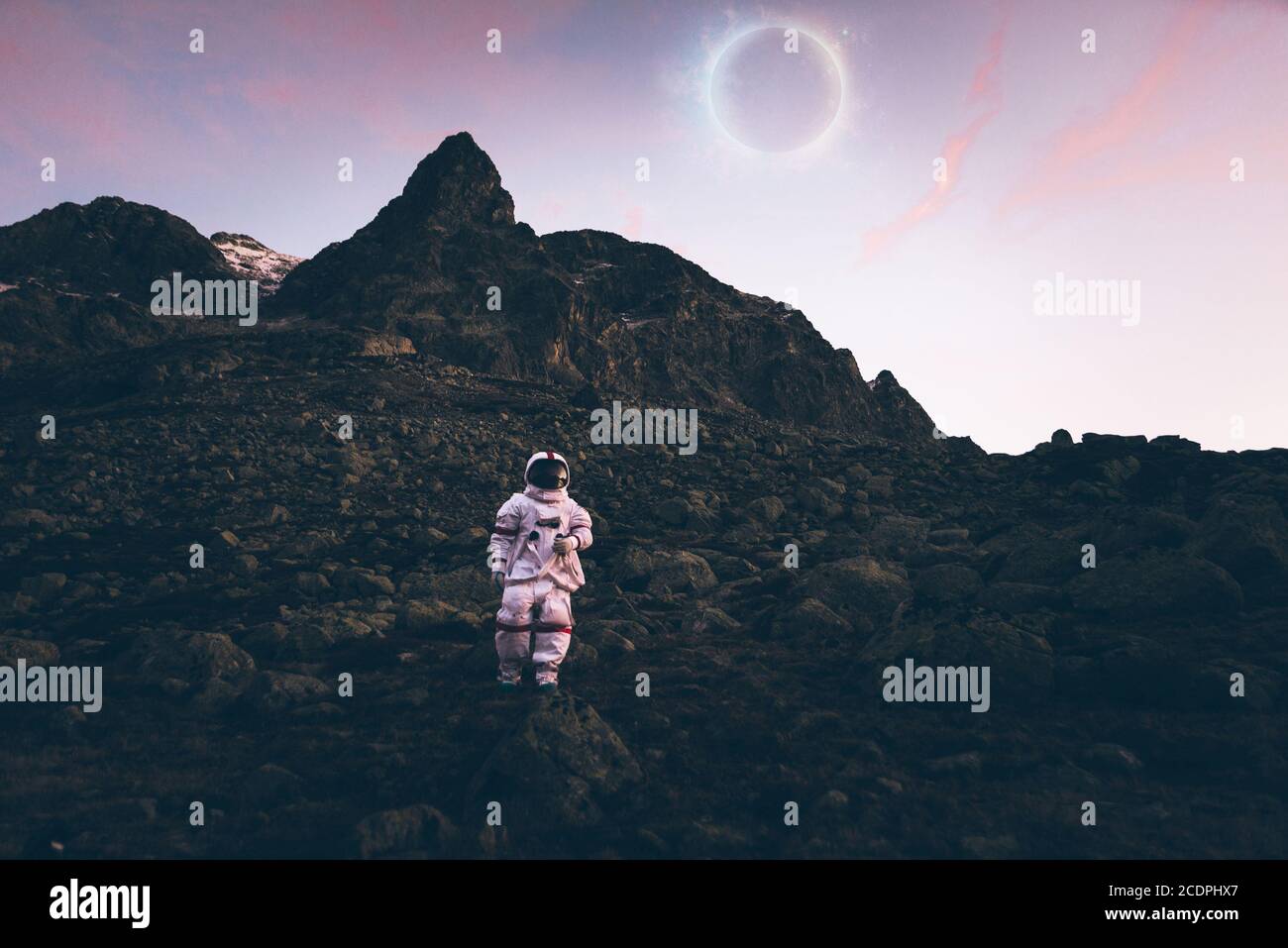 Astronaut exploring a new planet. Searching for a new home for humanity ...