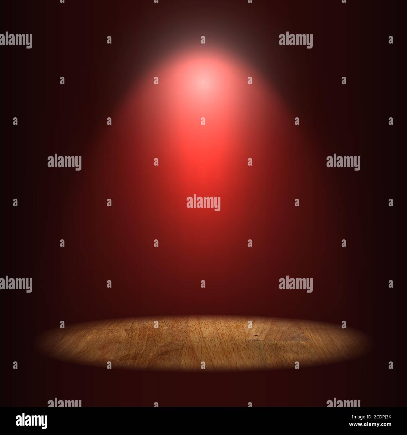 Lighted spot on an empty wooden table on background dark red wall with ...