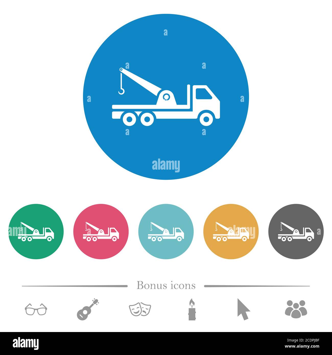 Crane truck flat white icons on round color backgrounds. 6 bonus icons ...