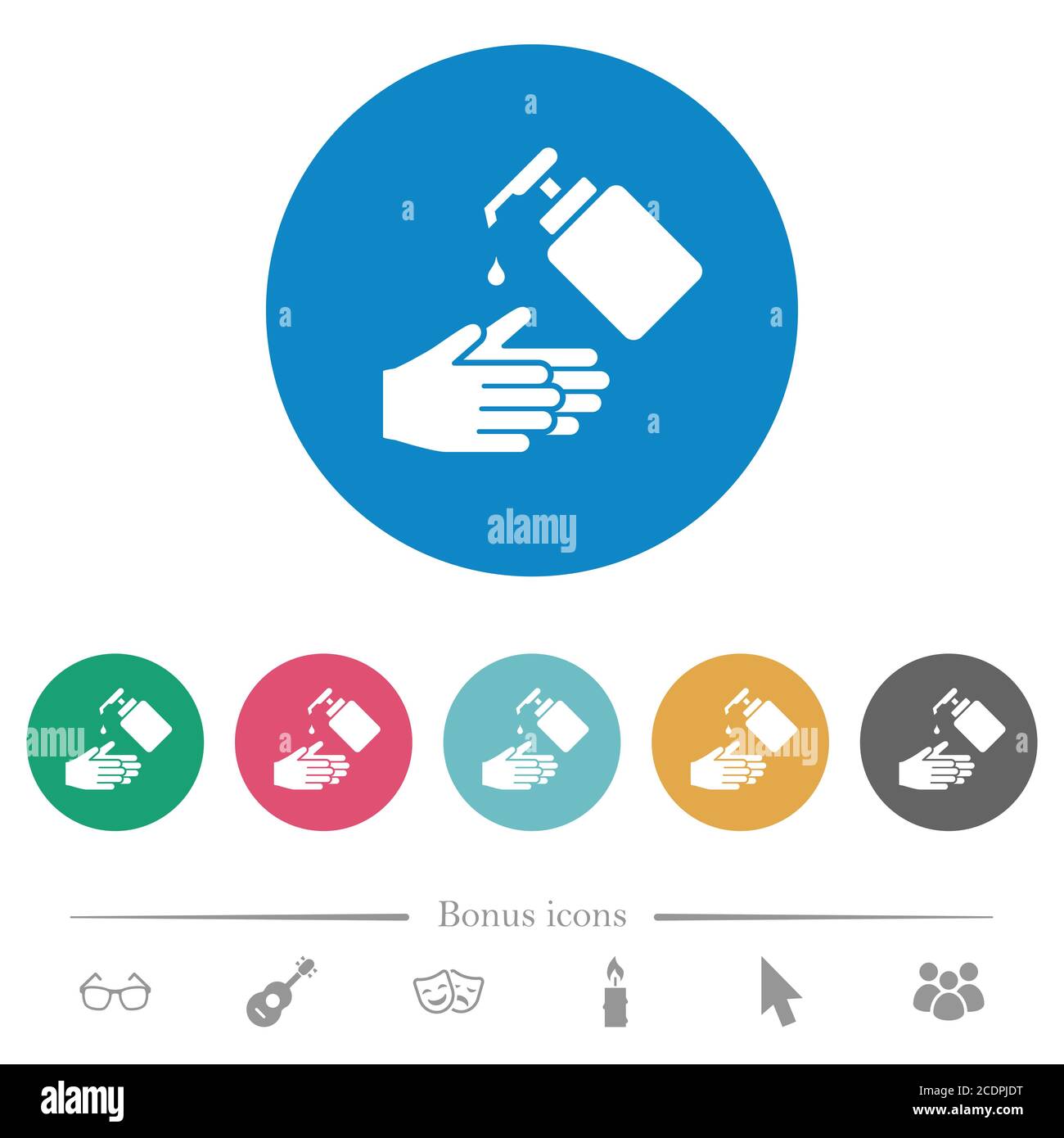 Hand washing with liquid soap flat white icons on round color ...
