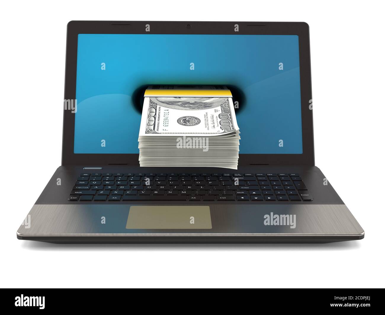 Laptop with money isolated on white background Stock Photo - Alamy