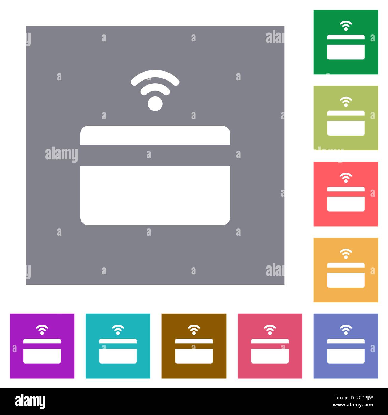 Contactless credit card flat icons on simple color square backgrounds ...