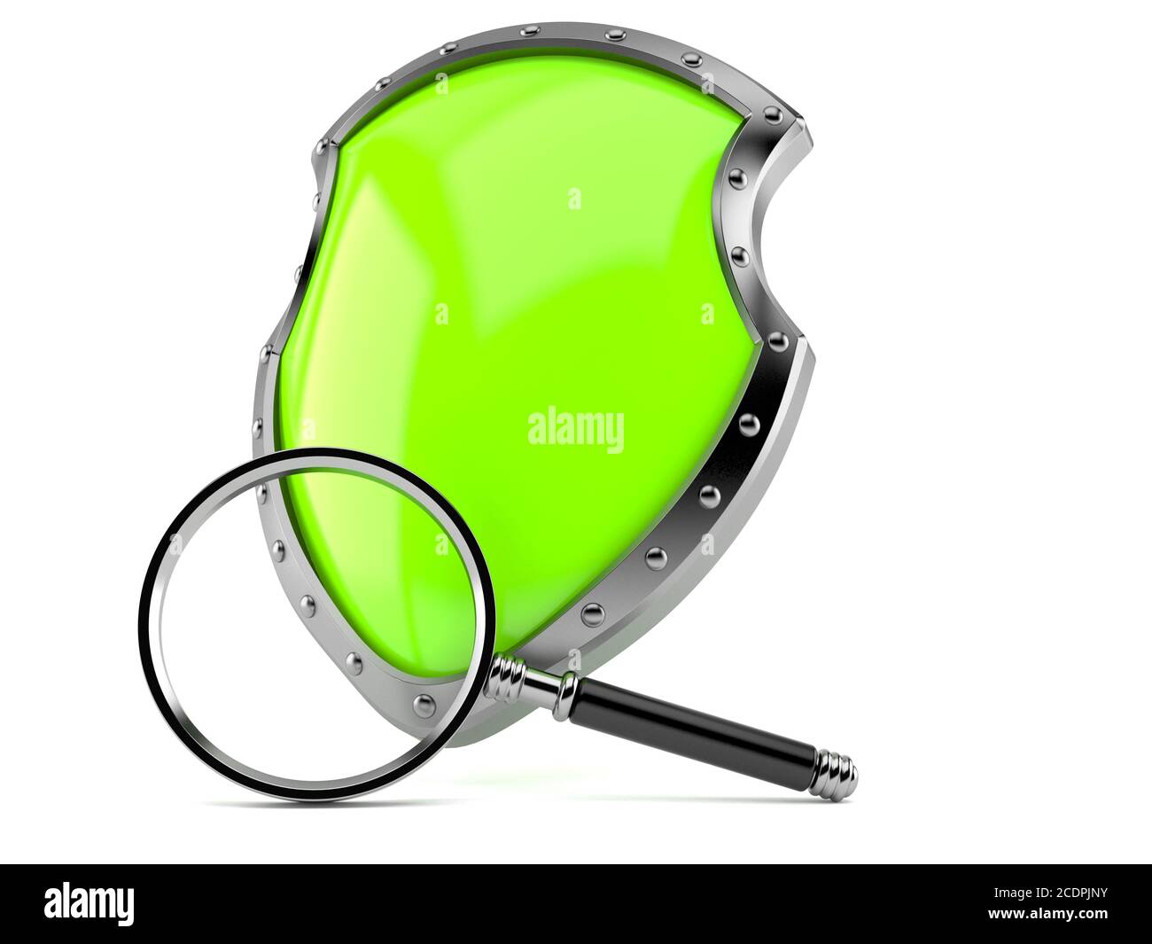 Shield with magnifying glass isolated on white background Stock Photo ...
