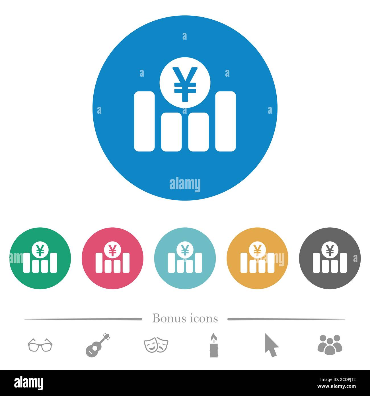 Yen financial graph flat white icons on round color backgrounds. 6 ...
