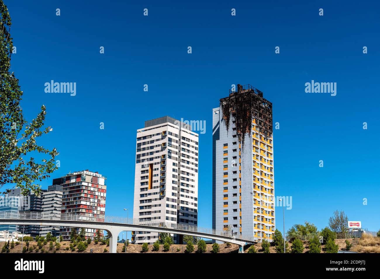 Madrid, Spain - 29 August, 2020: Fire damaged apartment skyscraper ...