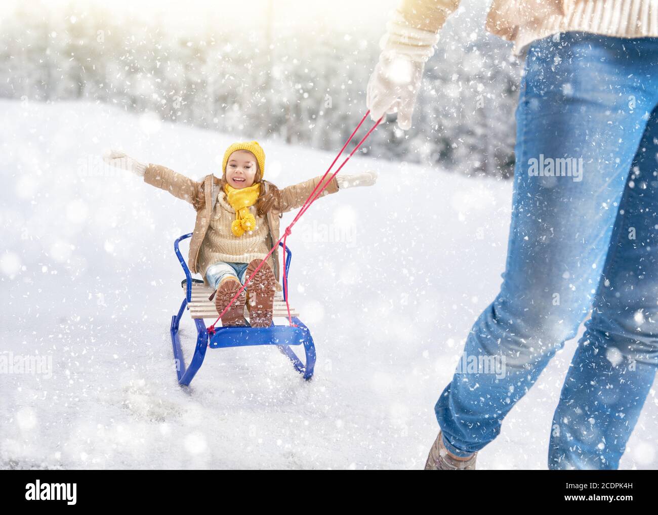 Child sledding. Parent rolls the child on a sled. Little girl enjoying ...