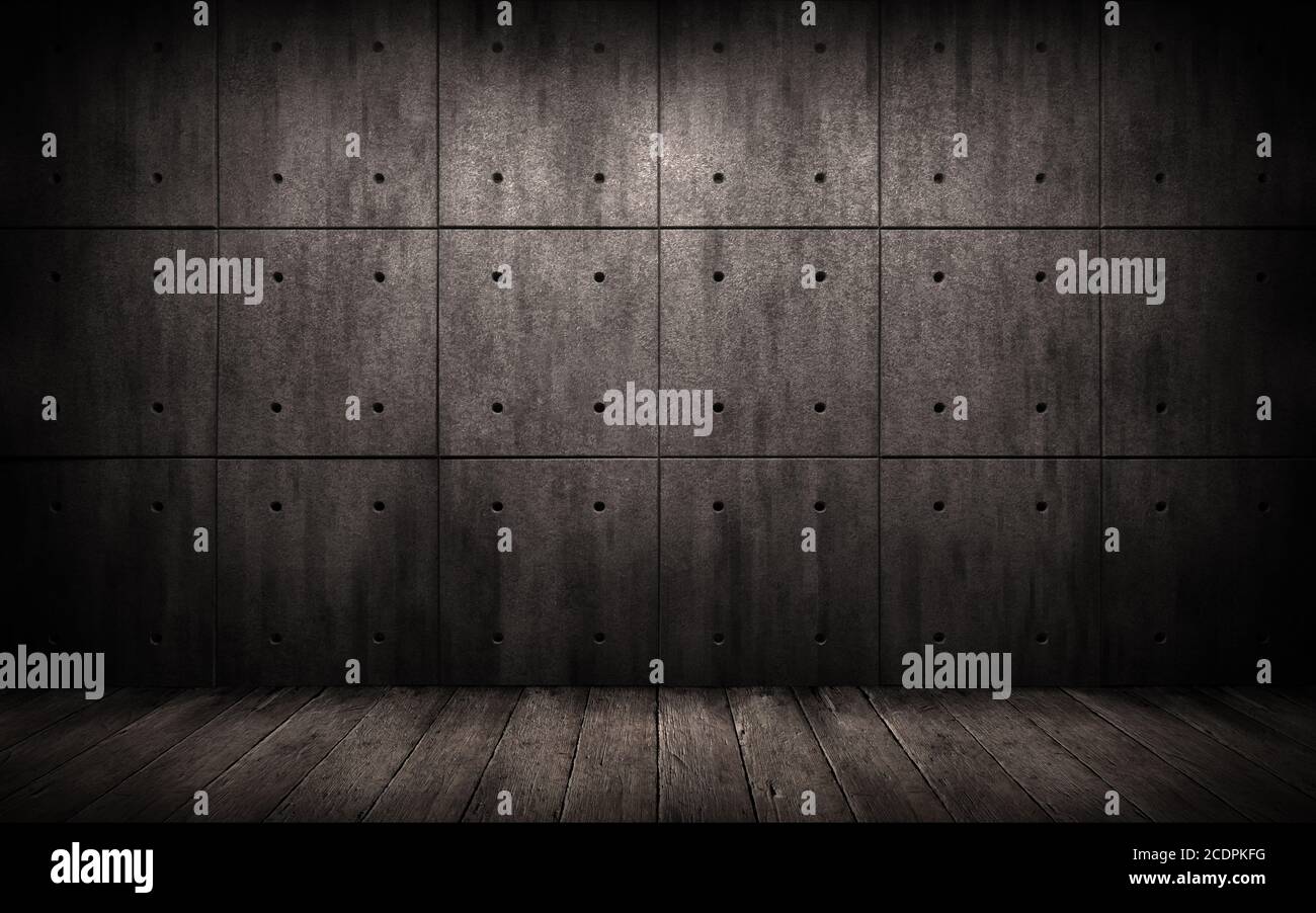 a dark room with walls of concrete slabs and wooden floor Stock Photo ...