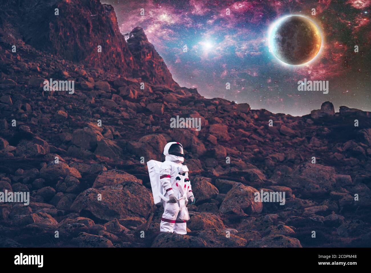 Astronaut exploring a new planet. Searching for a new home for humanity ...