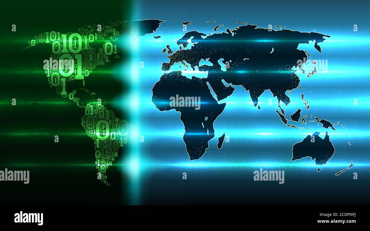 World Map Of The Earth With Continents From A Binary Code With A Background Of Abstract Printed