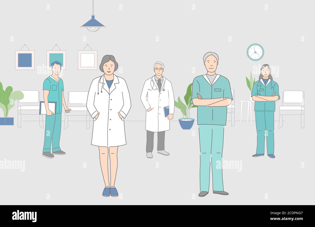 Group of happy smiling medical workers standing together indoor vector ...