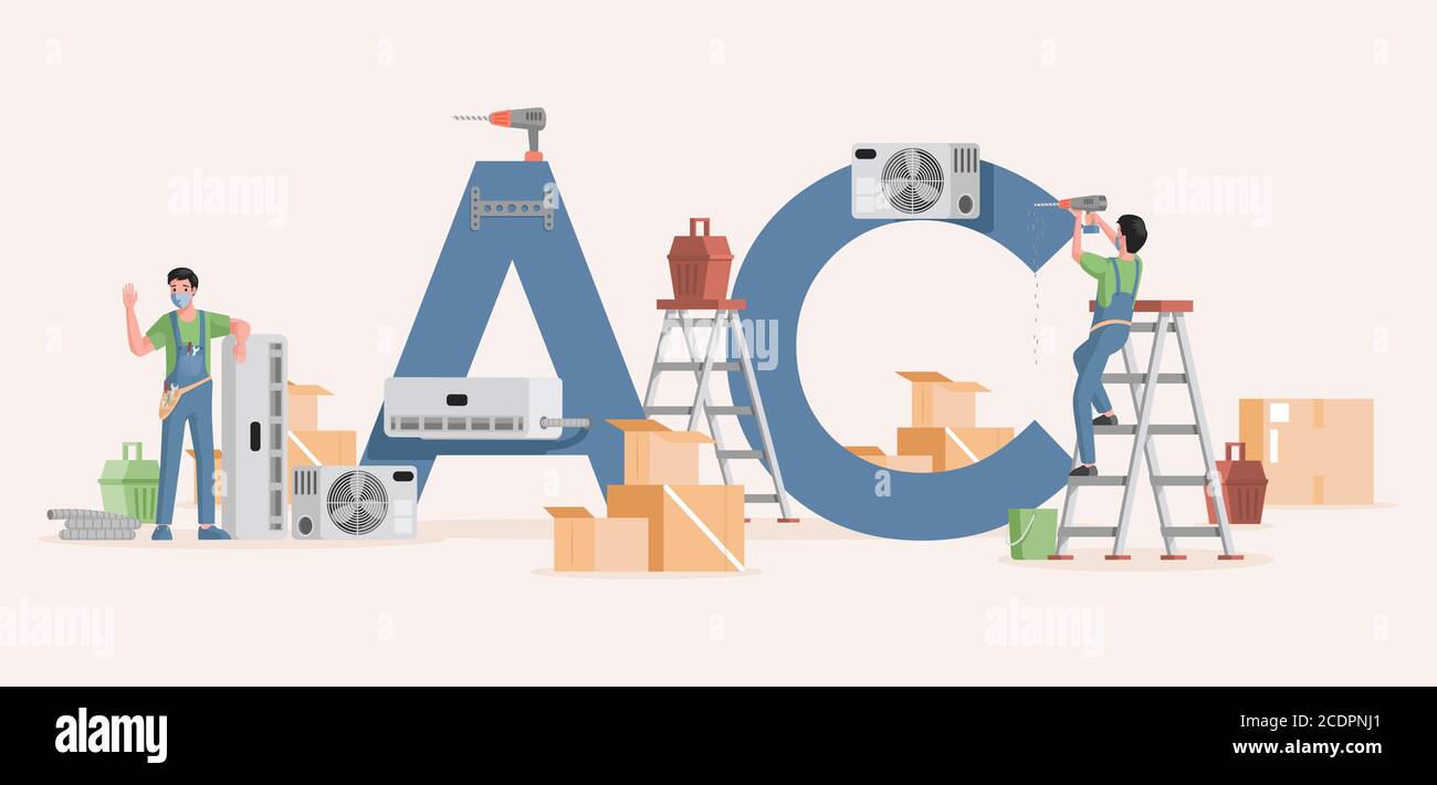 Air conditioner installation vector flat banner template. Young ...