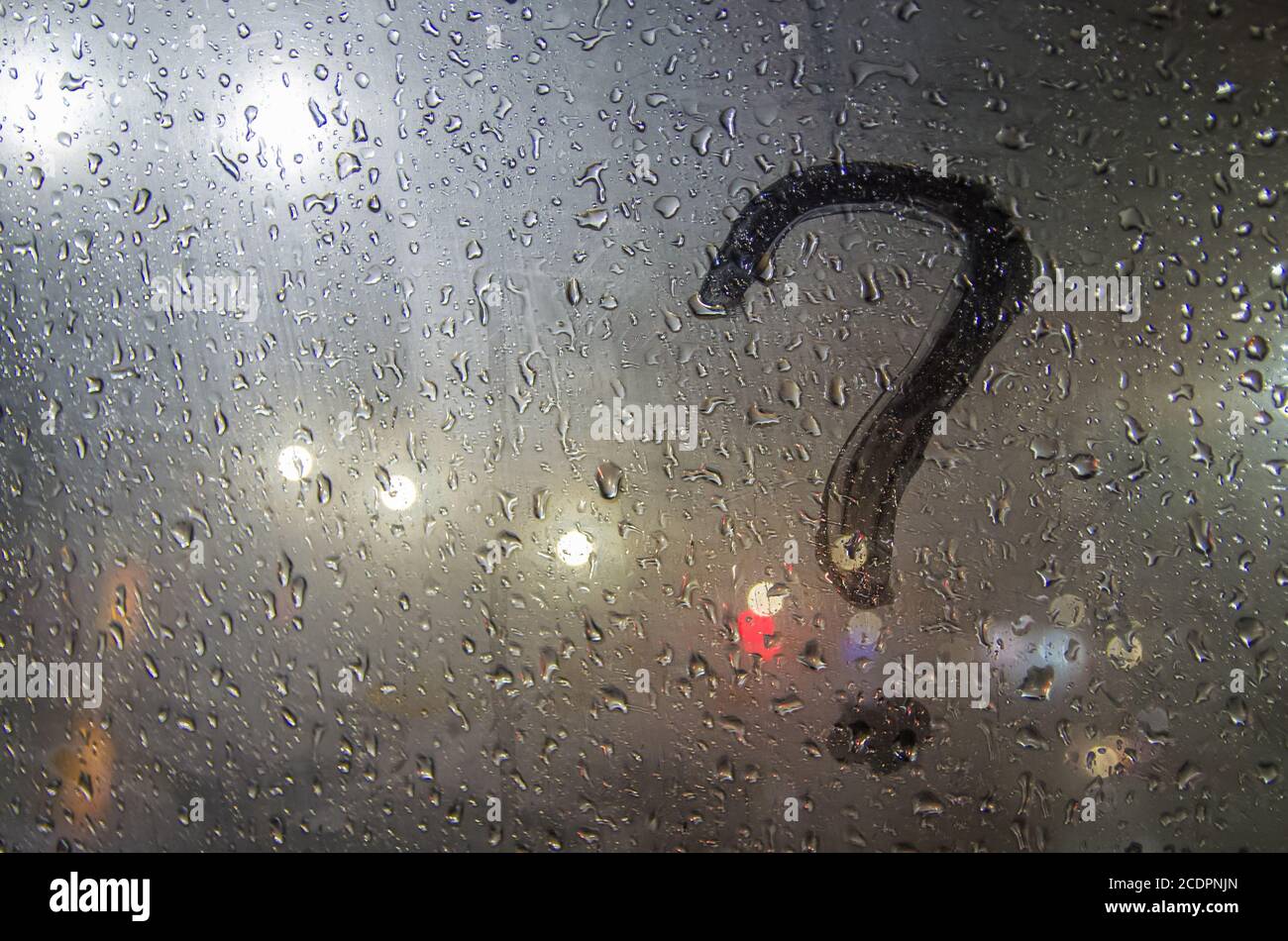 Autumn rain, the inscription on the sweaty glass - question mark Stock ...