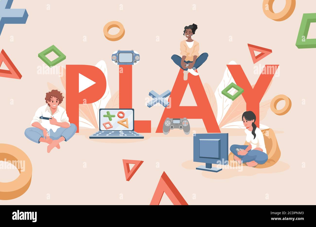Play word banner template. Young happy people playing video games on ...