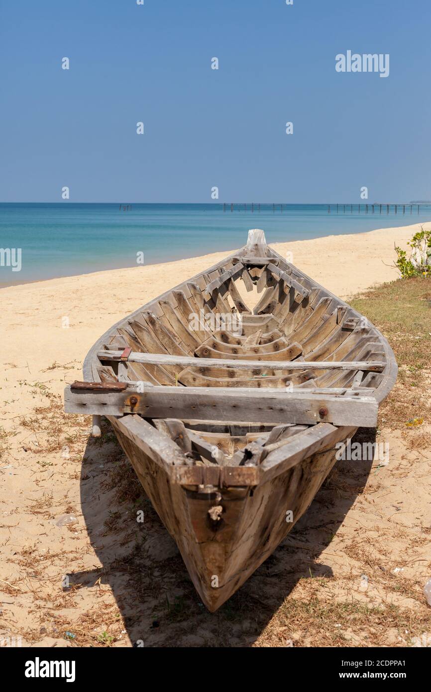 KHAO PILAI BEACH, THAILAND - 2015 February. Old wooden longtail boat on ...