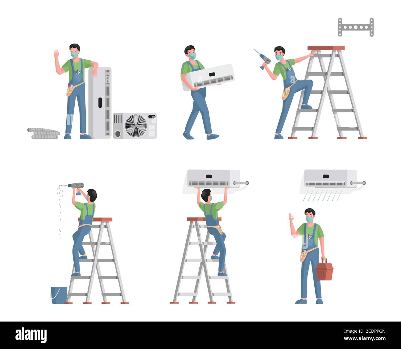 Set of air conditioners repair and installation service workers. Young ...