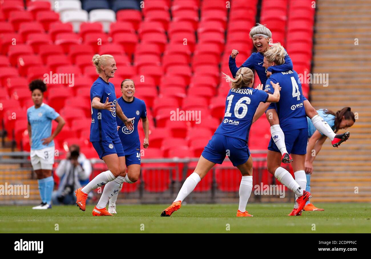 Chelsea's Millie Bright (right) celebrates scoring her side's first ...