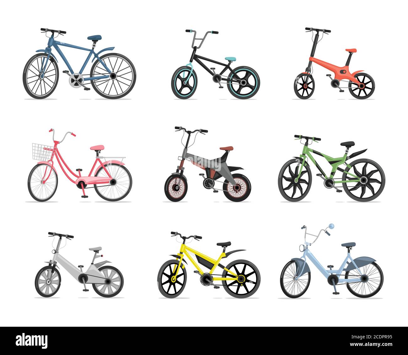 Set of different bicycles. Blue, red, pink, green, grey, and yellow ...