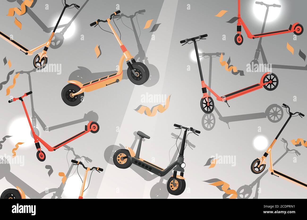 Bright vector flat banner with red and yellow electric scooters. Eco ...